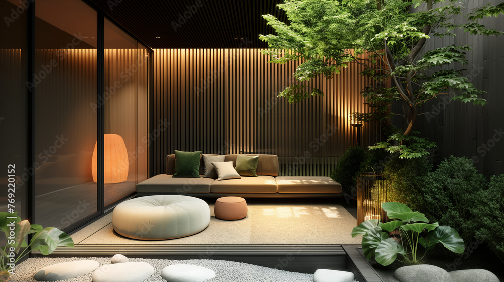 Modern Japanese Style Interior Design of Outdoor Courtyard, Lounge with ...