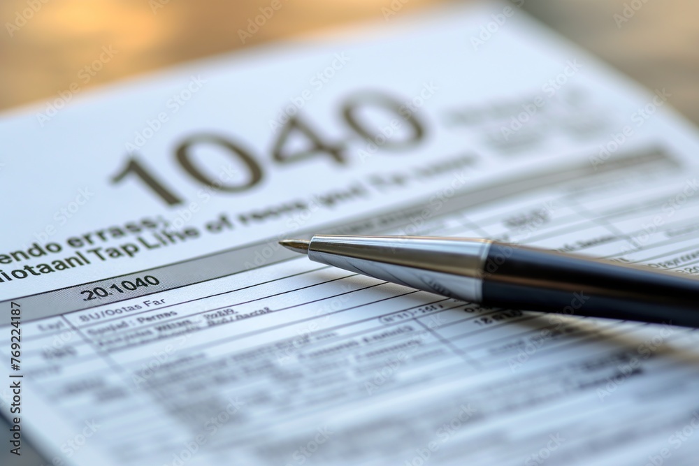 A pen rests on top of a Form 1040 tax document, ready for filling out ...