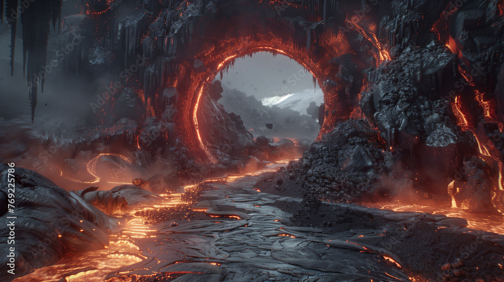 volcanic wasteland lava flowing on cracked obsidian with tunnel on the ...