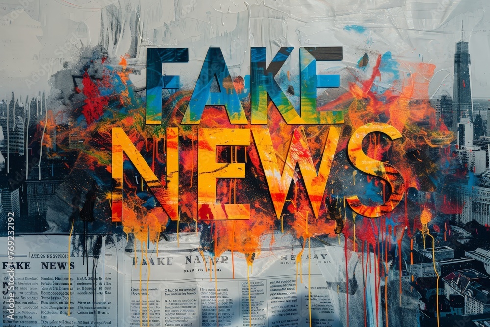 A painting featuring the words fake news painted boldly on the canvas ...