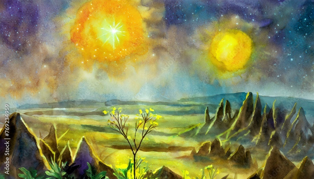 surreal, alien landscape under a sky with two suns. The bizarre plant ...