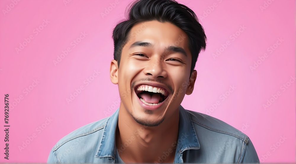 young filipino man on plain bright pink background laughing ...