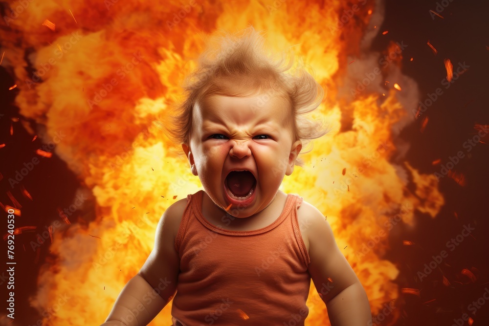 A baby wails in distress as they sit in front of a crackling fire ...