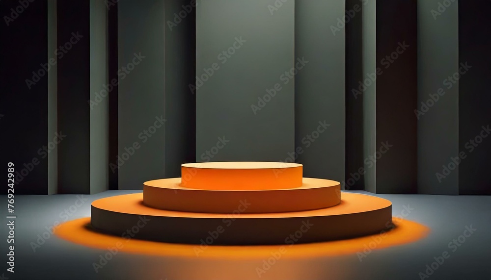 a minimalist interior scene featuring an orange illuminated podium ...