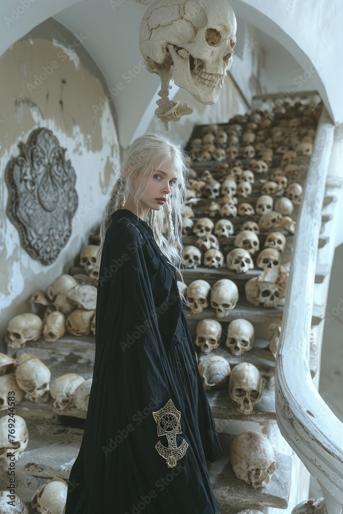 Una hermosa chica con un rostro pálido y triste, con cabello largo y ...