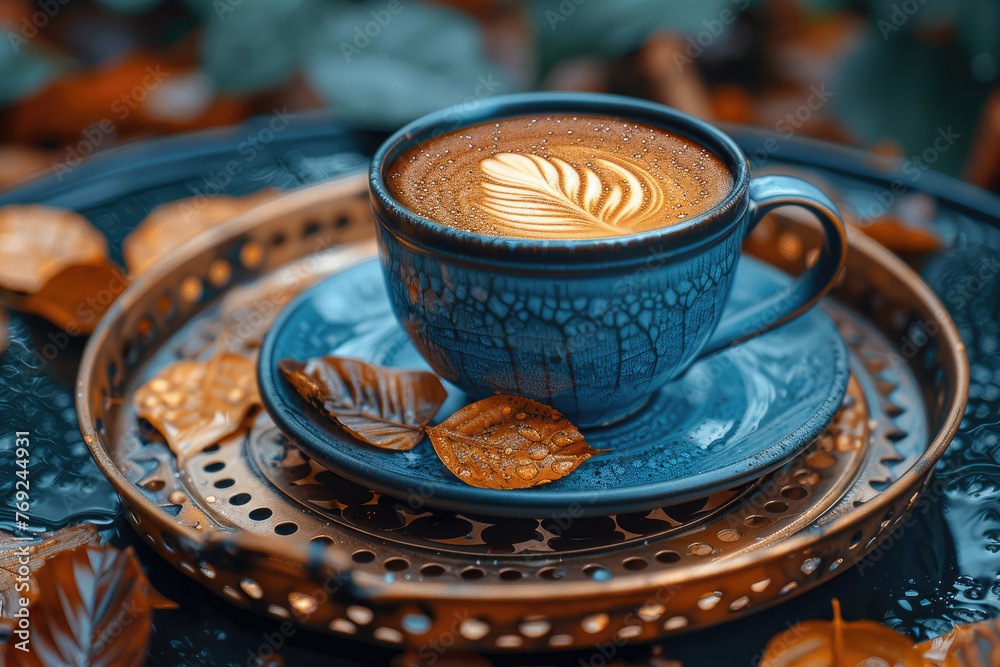 Una taza de café color azul oscuro sobre una bandeja dorada, una imagen ...