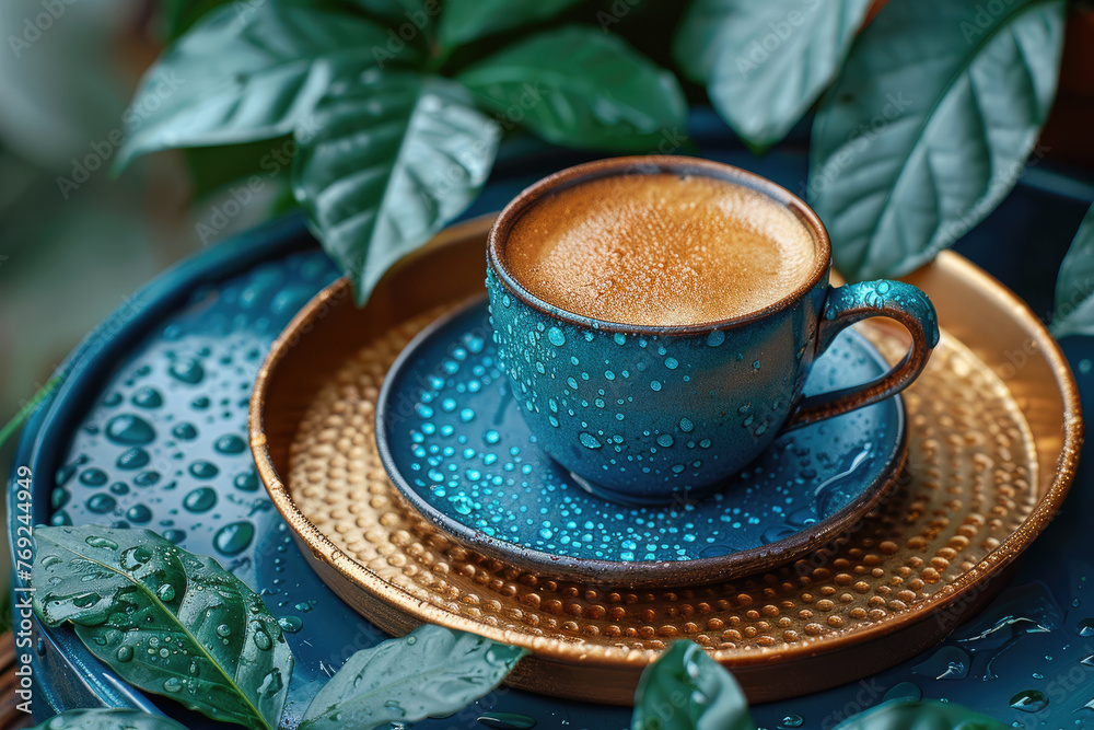 Una taza de café color azul oscuro sobre una bandeja dorada, una imagen ...