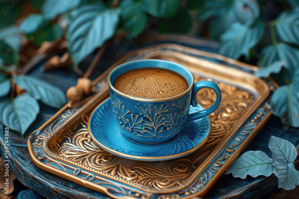Una taza de café color azul oscuro sobre una bandeja dorada, una imagen ...