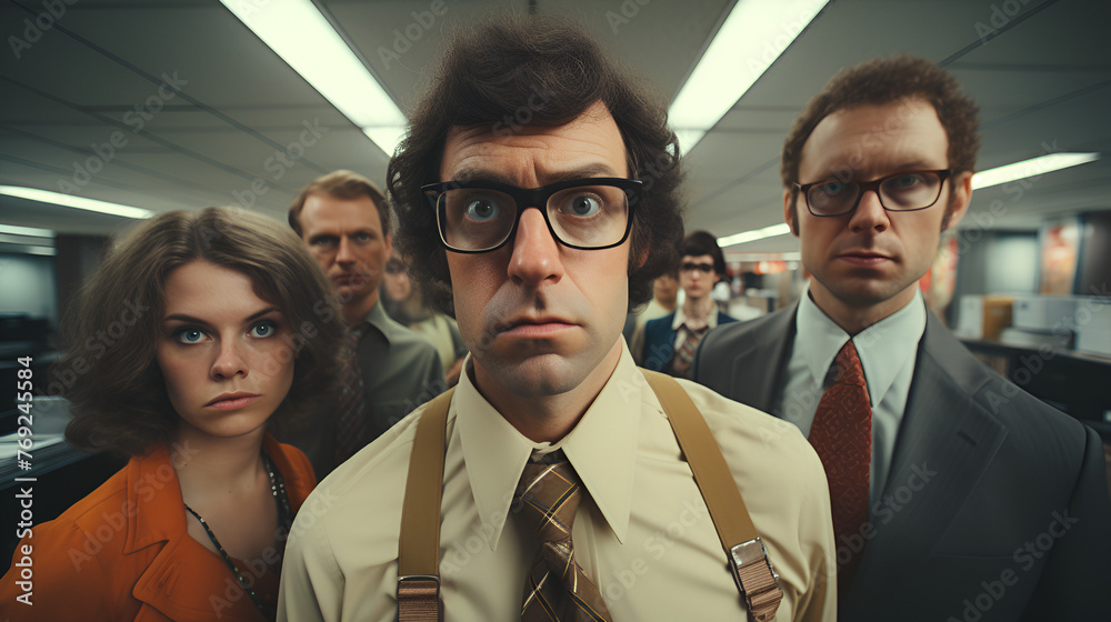 Frustrated eccentric and quirky office workers - low angle shot ...