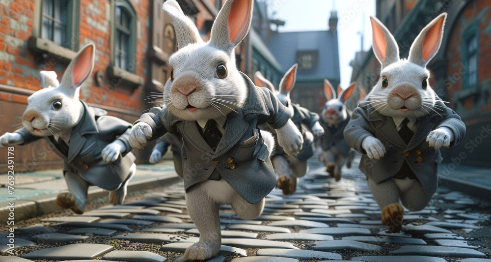 Group of animated rabbits dressed in suits running on a cobbled street ...