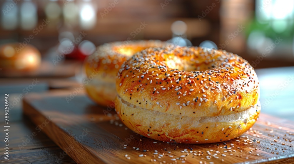Bagels are dense, ring-shaped bread rolls, boiled before baking for a ...