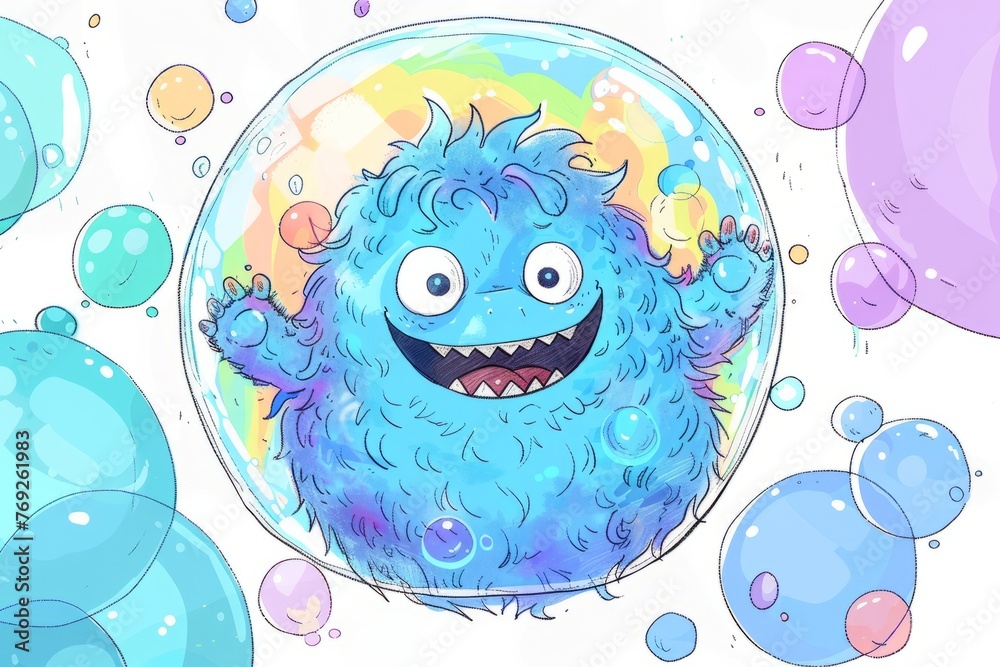 Cartoon cute doodles of a blue monster with fluffy fur and a big grin ...
