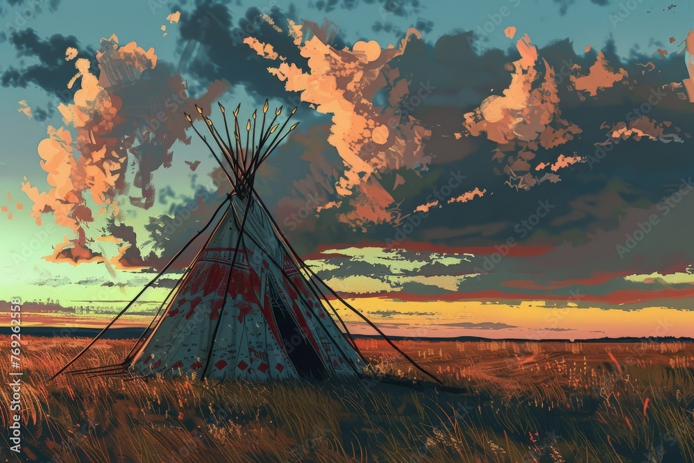 Illustration of a tipi on the plains of North America. Native American ...