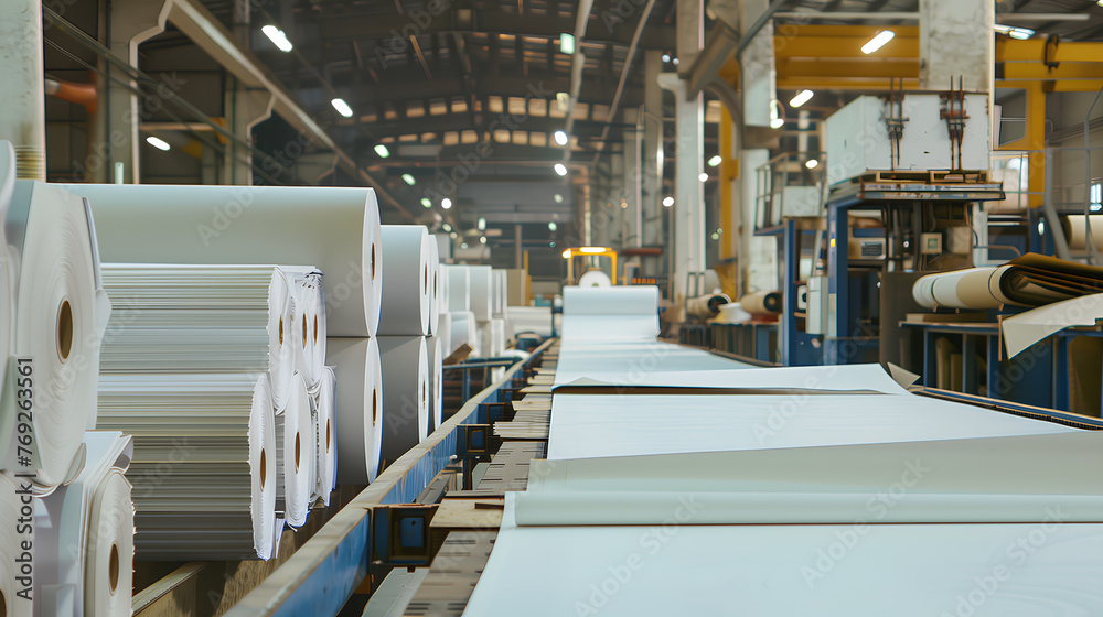 A factory with a conveyor belt of paper rolls. The rolls are stacked in ...