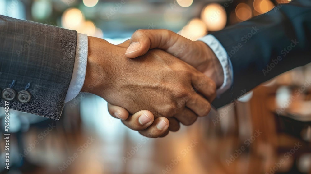 Business professionals enthusiastically shaking hands,signifying a ...