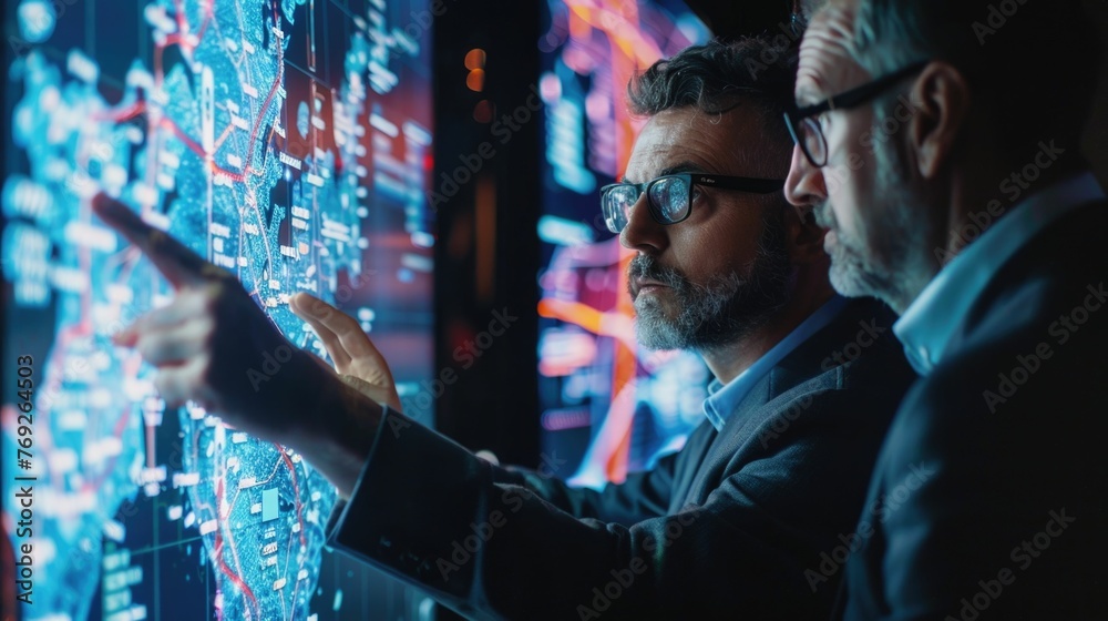 Two professional network security experts are closely examining a live ...