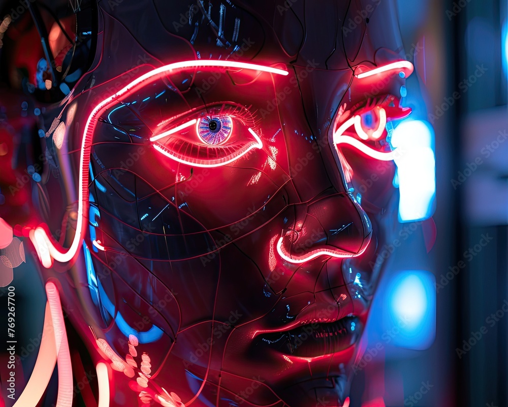 An AI robots face illuminated by dynamic neon lights reflecting ...