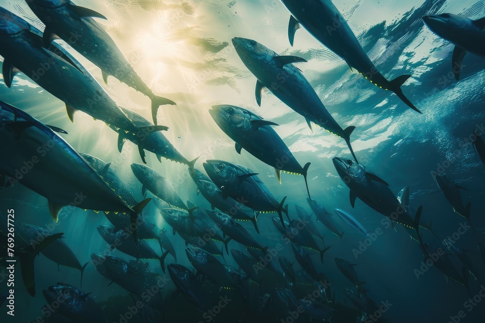 An underwater shot of a school of tuna swimming freely in the ocean ...