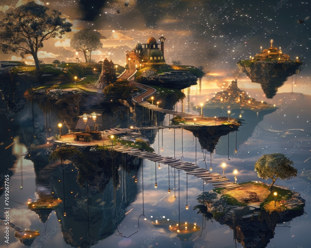 otherworldly 3D landscape with floating islands connected by bridges ...