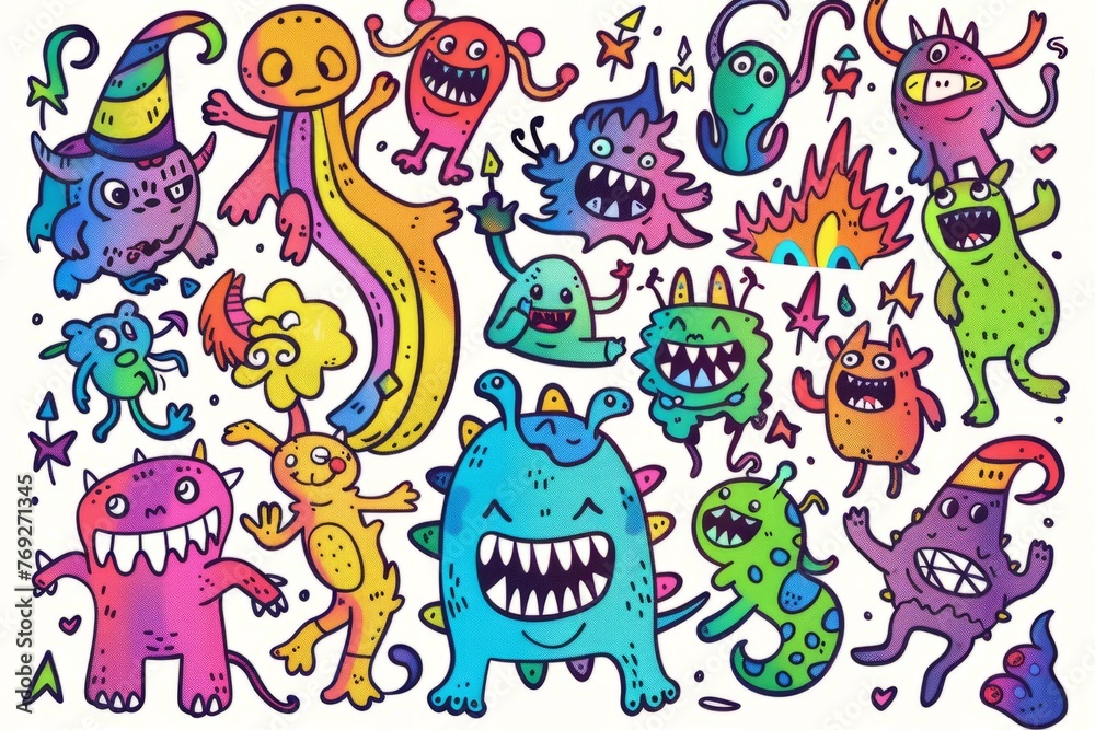 Cartoon cute doodles of a rainbow-colored monster party, with monsters ...