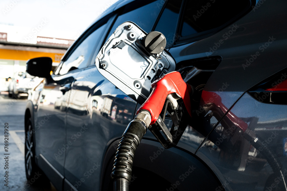Car fueling at gas station. Refuel fill up with petrol gasoline. Petrol ...