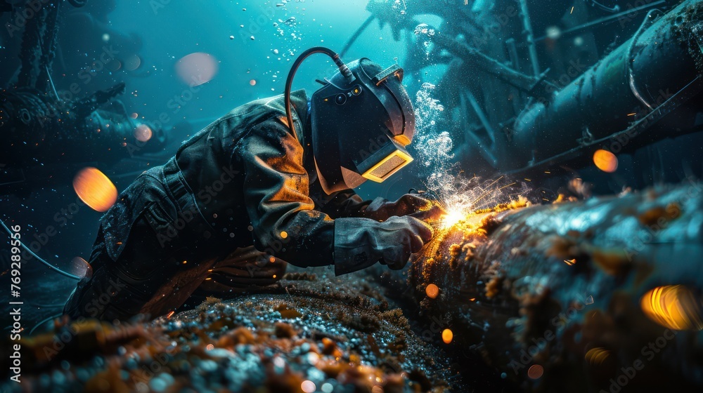 Underwater welders working at Sparks turn on lights on the seabed to ...