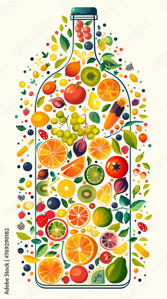 Illustration of a bottle silhouette filled with an array of colorful ...