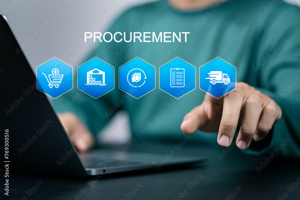 Procurement Management Industry concept. Businessman using laptop with ...
