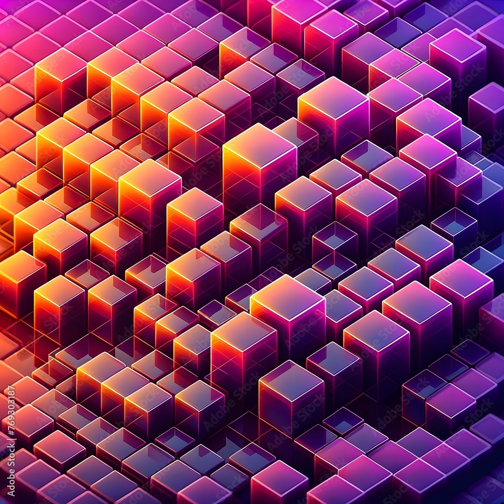 abstract background with cubes, a three-dimensional array of glowing, neon-colored cubes ...