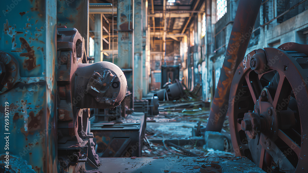 A rusted machine with a broken wheel sits in a dirty, abandoned ...