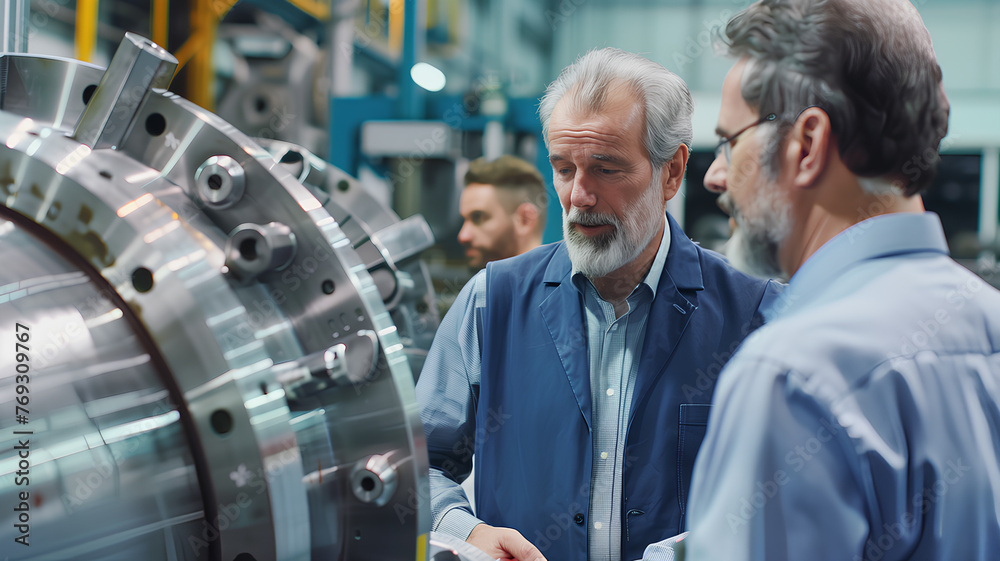Three men are standing around a large machine, looking at it intently ...
