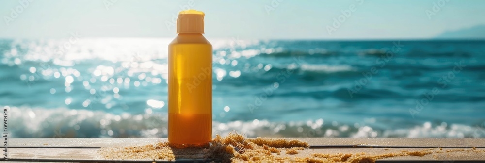 Sunscreen bottle floats in the calm ocean waves,symbolizing the ...