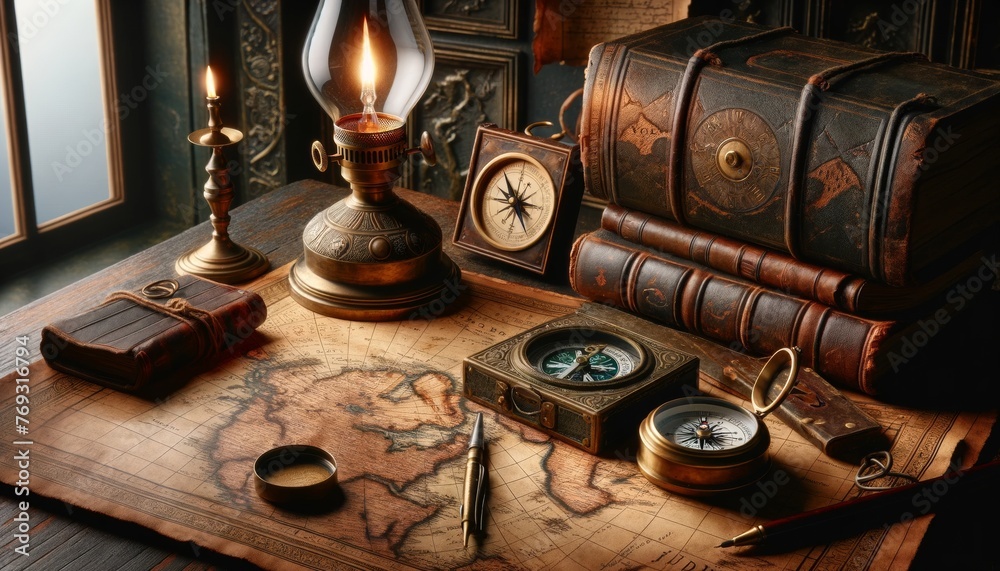 An explorer’s desk with an antique map, a brass compass, and old ...