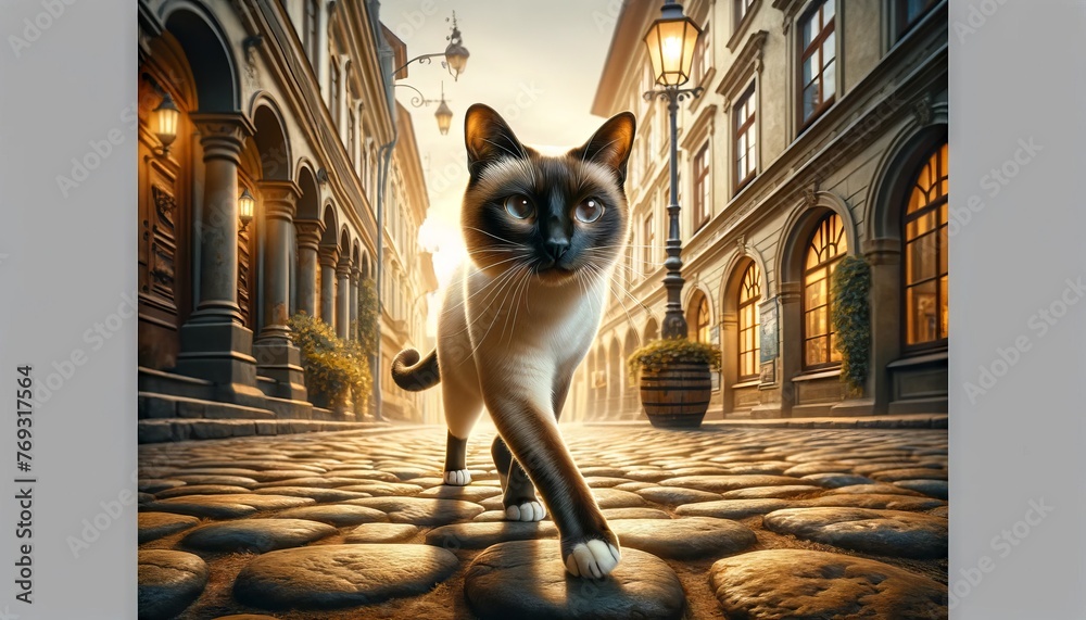 A detailed image of a Siamese cat walking along a cobblestone path in ...