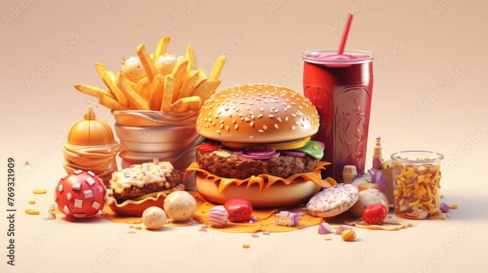Playful 3D cartoon burger with animated toppings, alongside a cheesy ...
