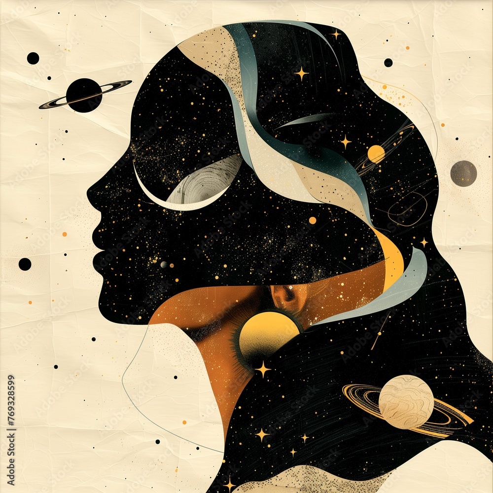 Square Retro collage style poster Starry night and planets with ...