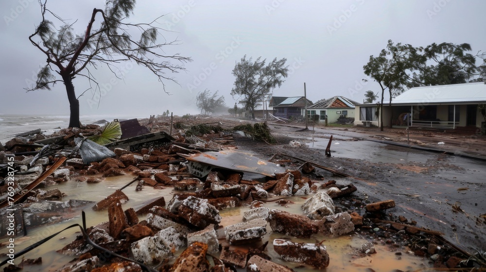 The remains of a once bustling seaside town are reduced to rubble as a ...