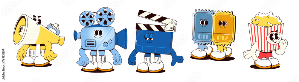 Movie theater mascots set isolated on white background. Vector cartoon ...