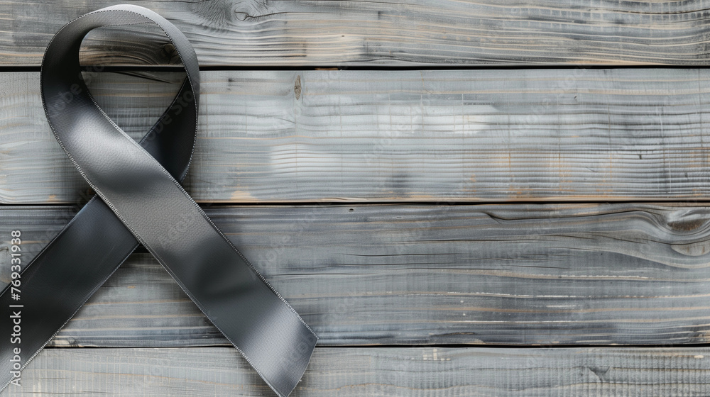 Flatlaysilver grey cancer ribbon blank wood table background support ...