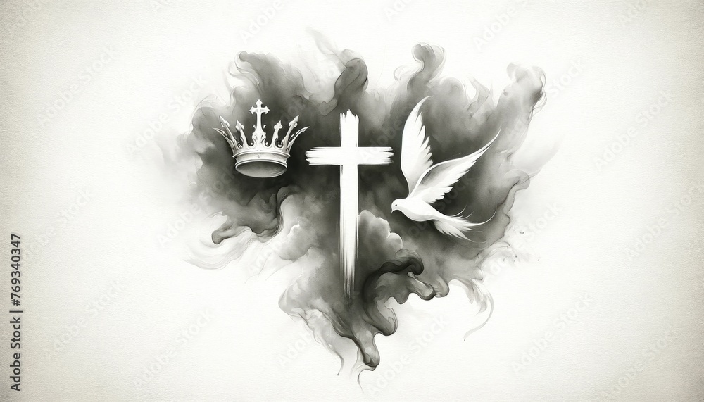 Holy Trinity symbols. Crown, cross and dove silhouettes against cloud ...