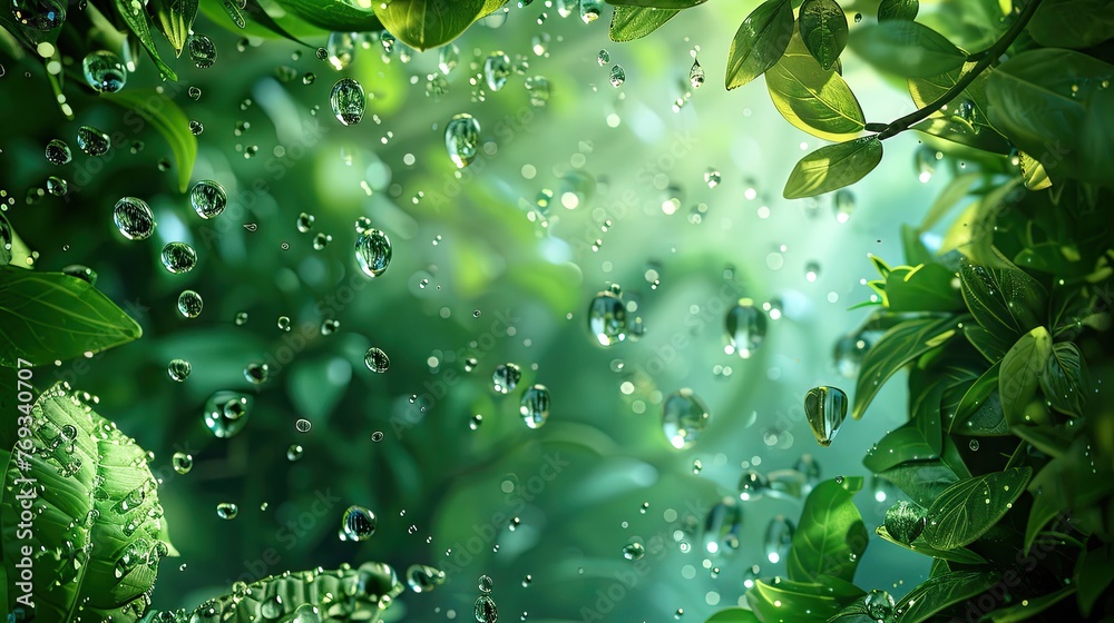 Crystal clear water drop background is green full of vitality and lush ...