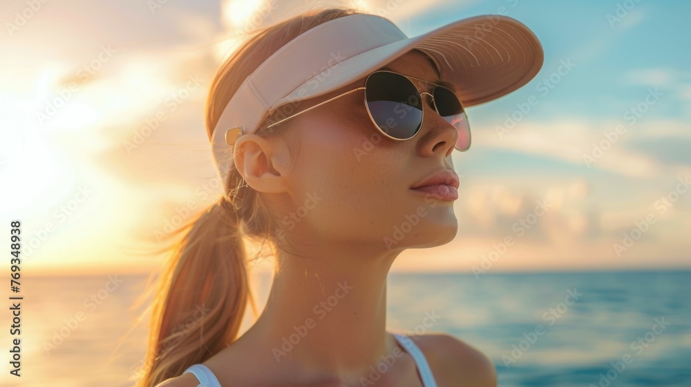 Young woman is standing outdoors on a bright,sunny day,with a cloudless ...