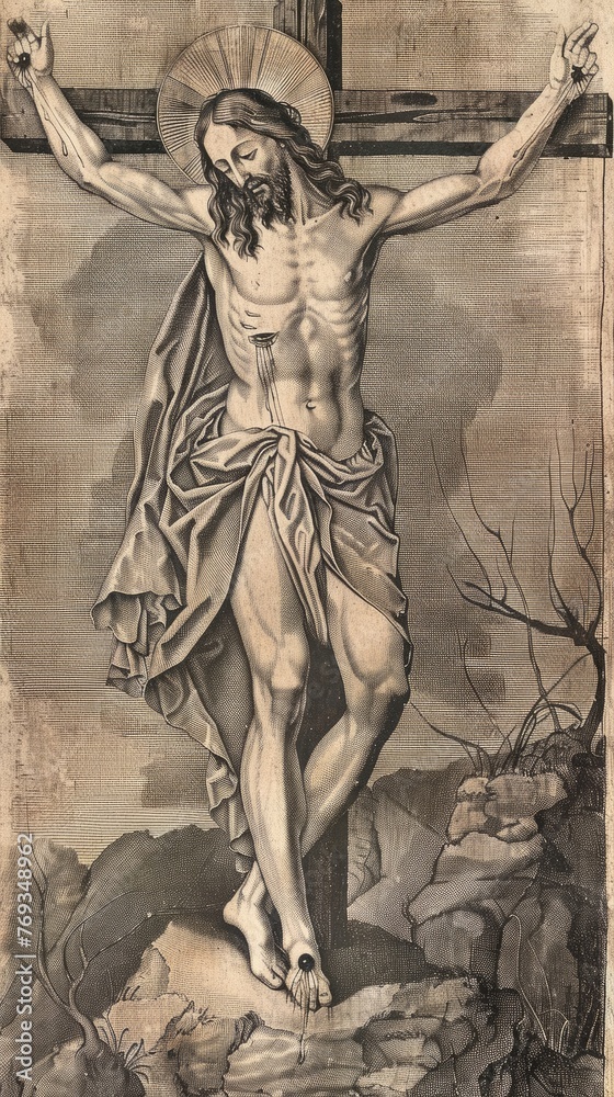 old engraving of Jesus Christ the saviour of humanity, a timeless depiction from religious texts ...