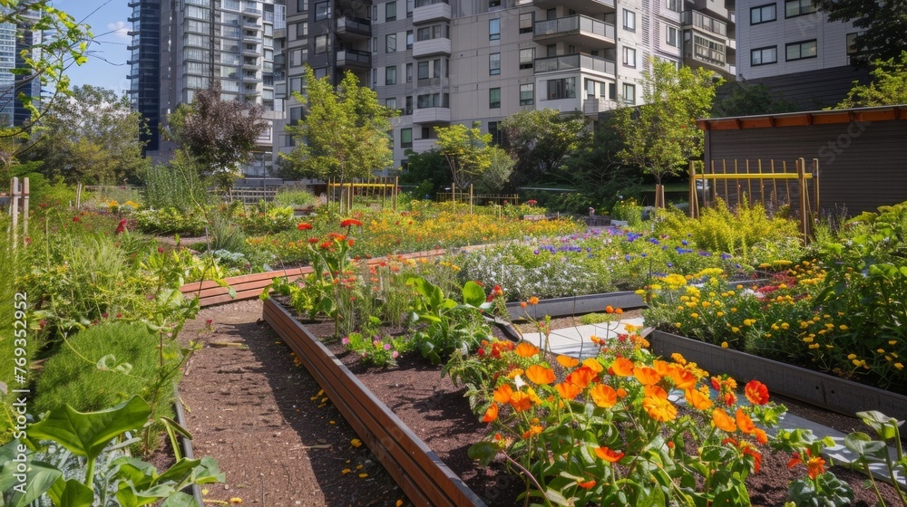 A community garden nestled between rows of tall apartment buildings ...
