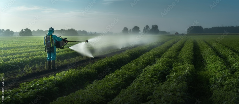 Spraying insecticide into a fresh rice farm, a farmer uses a knapsack ...