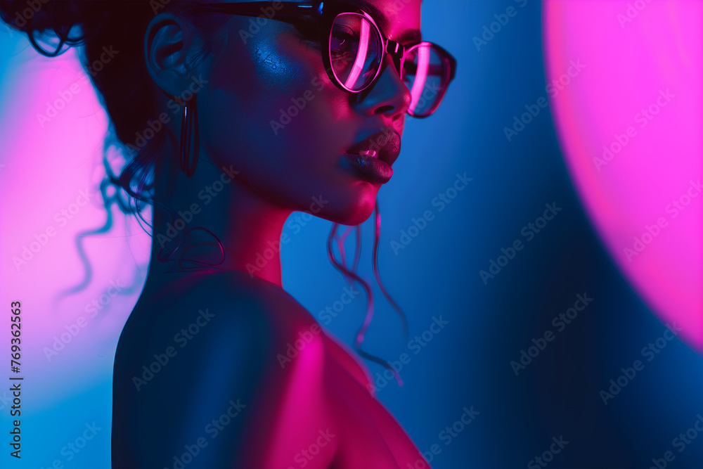 Fashion Surreal Concept. Stunning tousled hair girl of neon glow ...