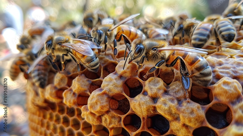 The queen bee is laying eggs. There are bee eggs and soldier bees all ...
