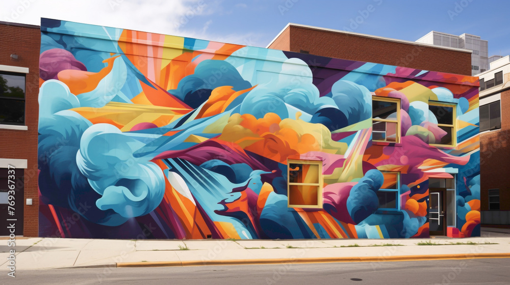 A kaleidoscope of hues and shapes converge in a street art mural, where ...