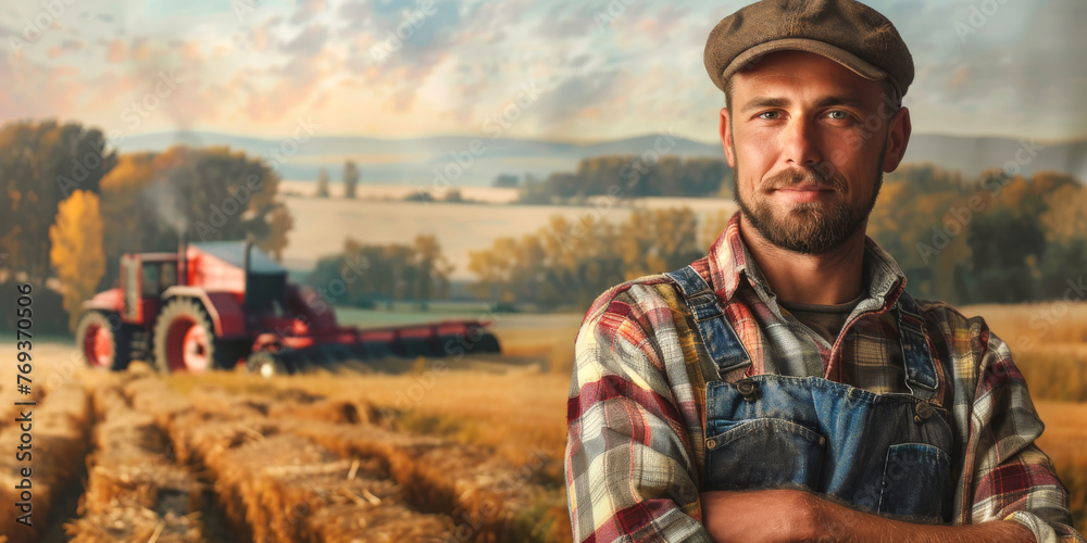 Content Farmer with Hay Bales and Tractor A cheerful man stands proudly ...