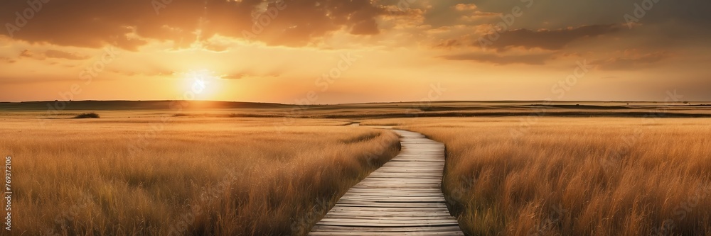 Beautiful panoramic sunset prairie grass lands landscape with wooden ...